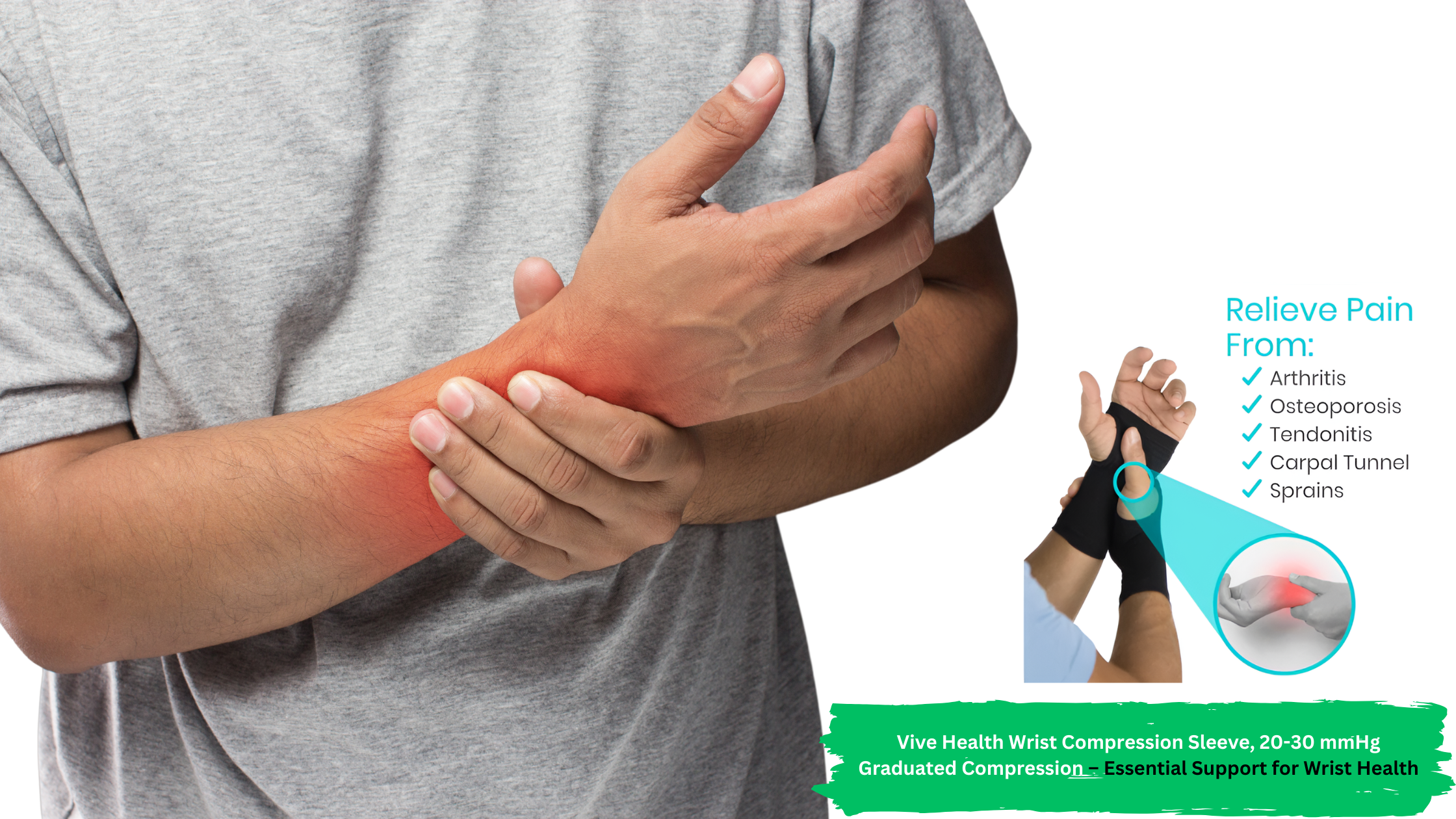 Vive Health Wrist Compression Sleeve 20-30 mmHg for Pain Support ...