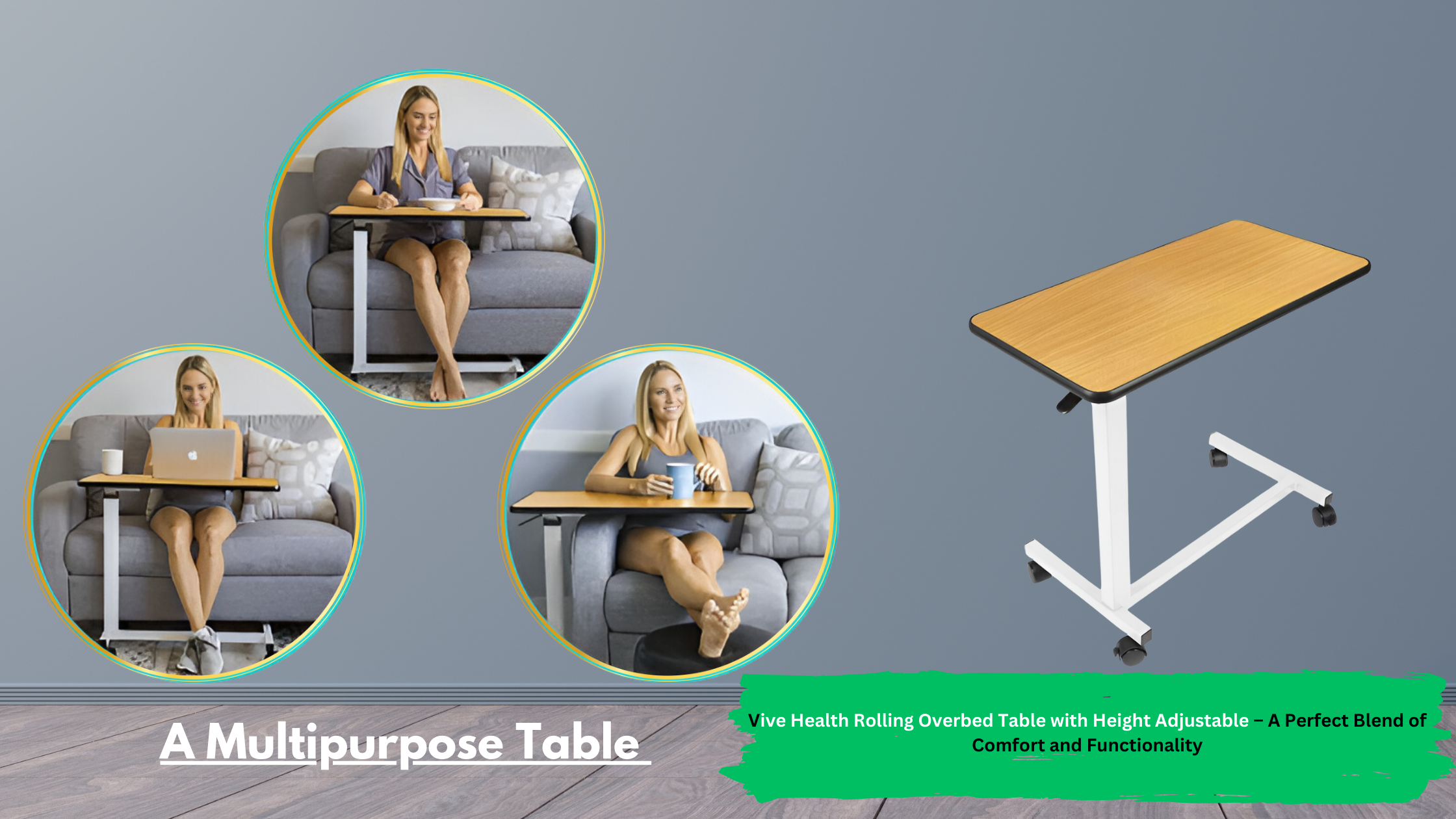 Vive Health Rolling Overbed Table with Height Adjustable Feature ...