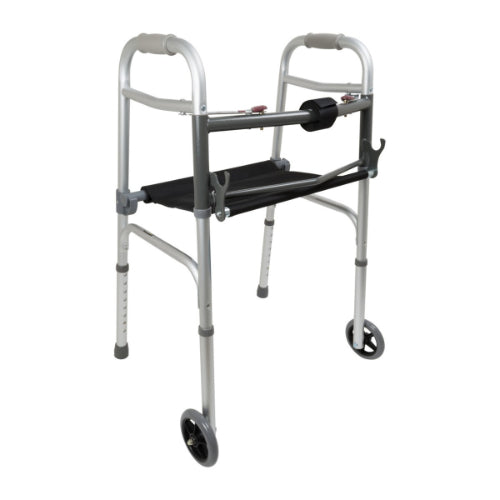 Roscoe Medical Adult Walker 2-Button with Seat, 5 Inch Wheels ...